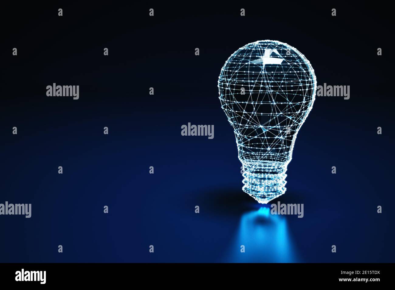 Illuminated wireframe of a bulb light on dark blue background. 3D ...