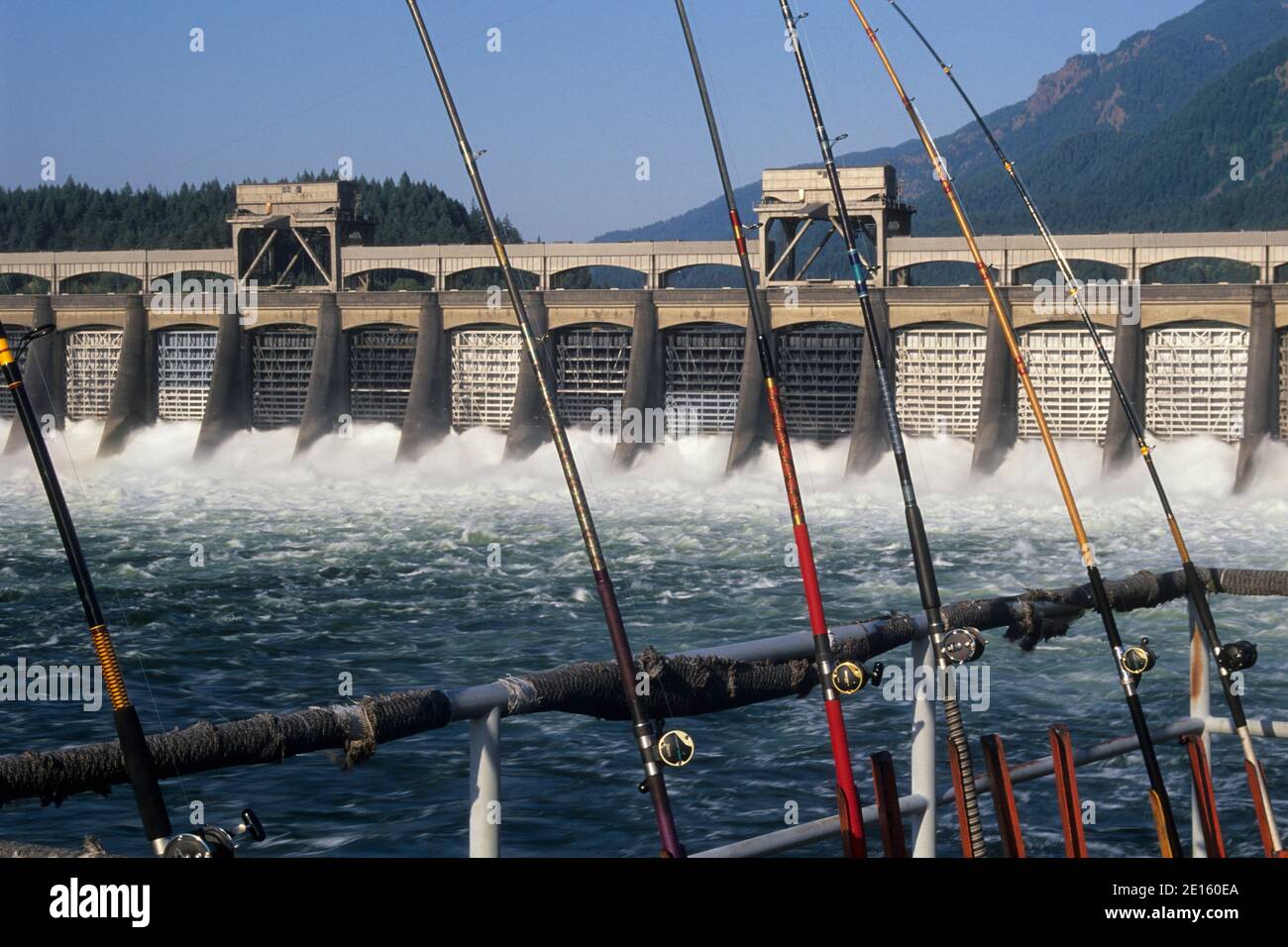 Bonneville Dam with sturgeon fishing poles, Columbia River Gorge ...