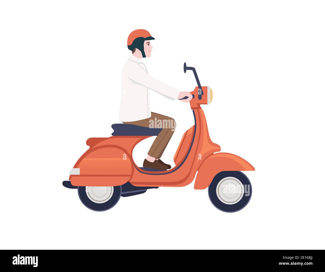 Side view of man riding red retro scooter cartoon character design flat ...