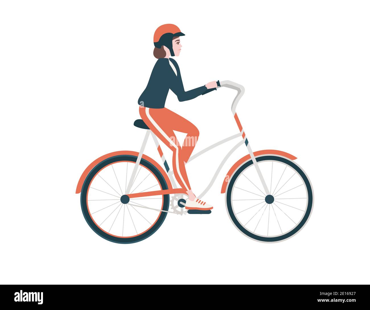Side view of woman riding red bicycle cartoon character design flat ...