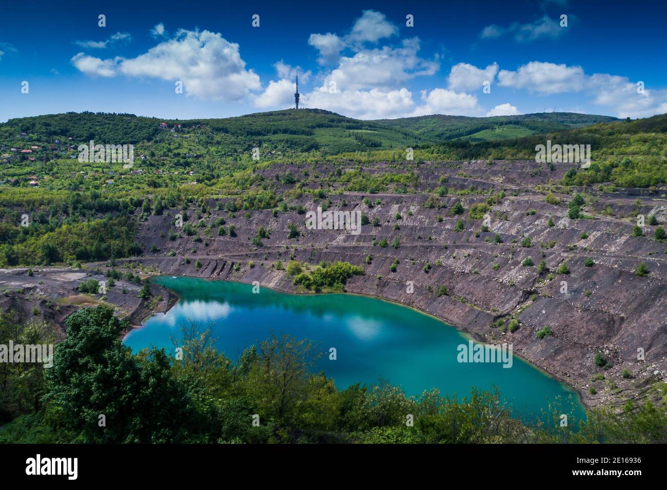 Aerial view, deep mine lake in place of a mining pit Stock Photo - Alamy