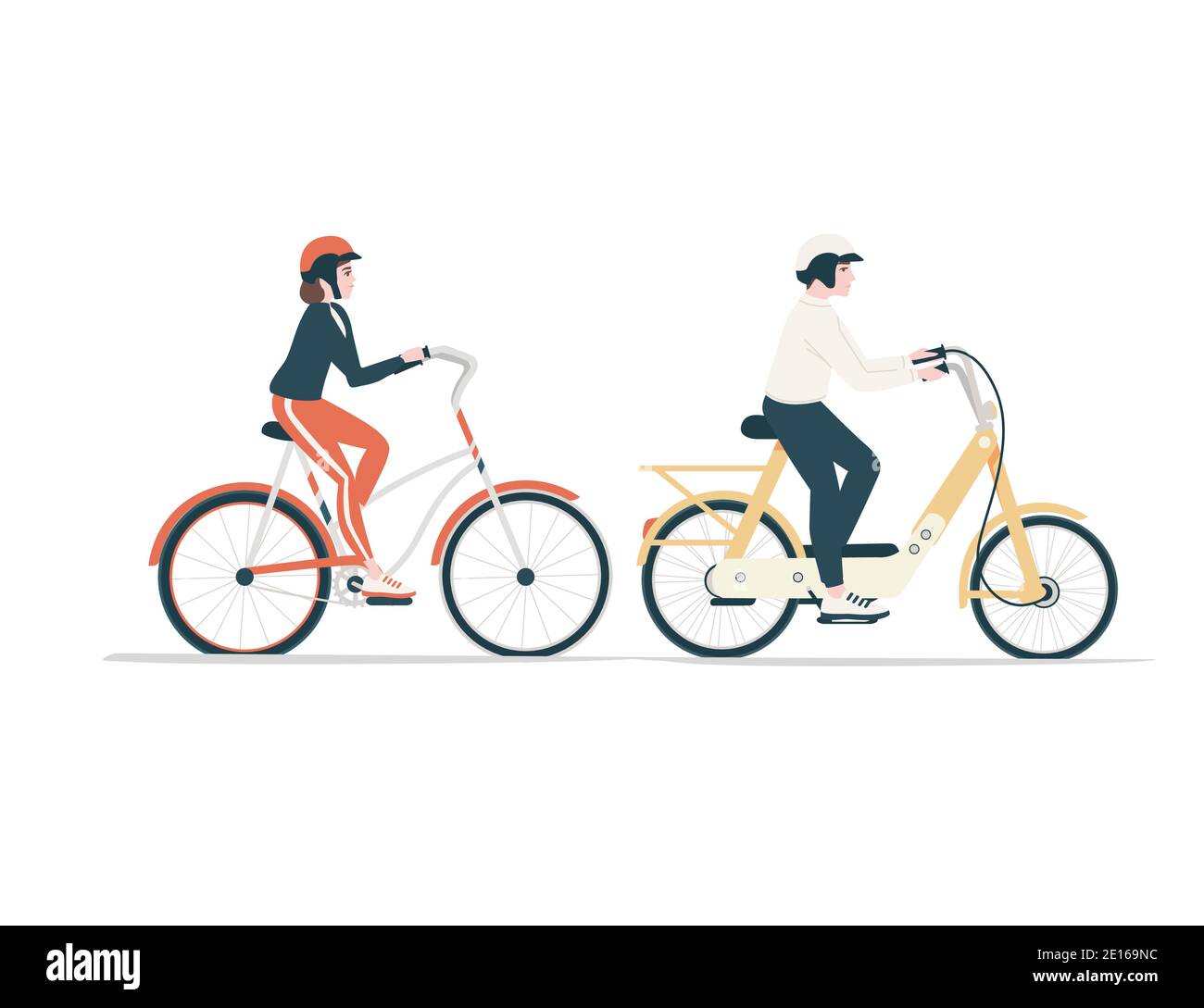 Side view of man and woman riding bicycle cartoon character design flat ...