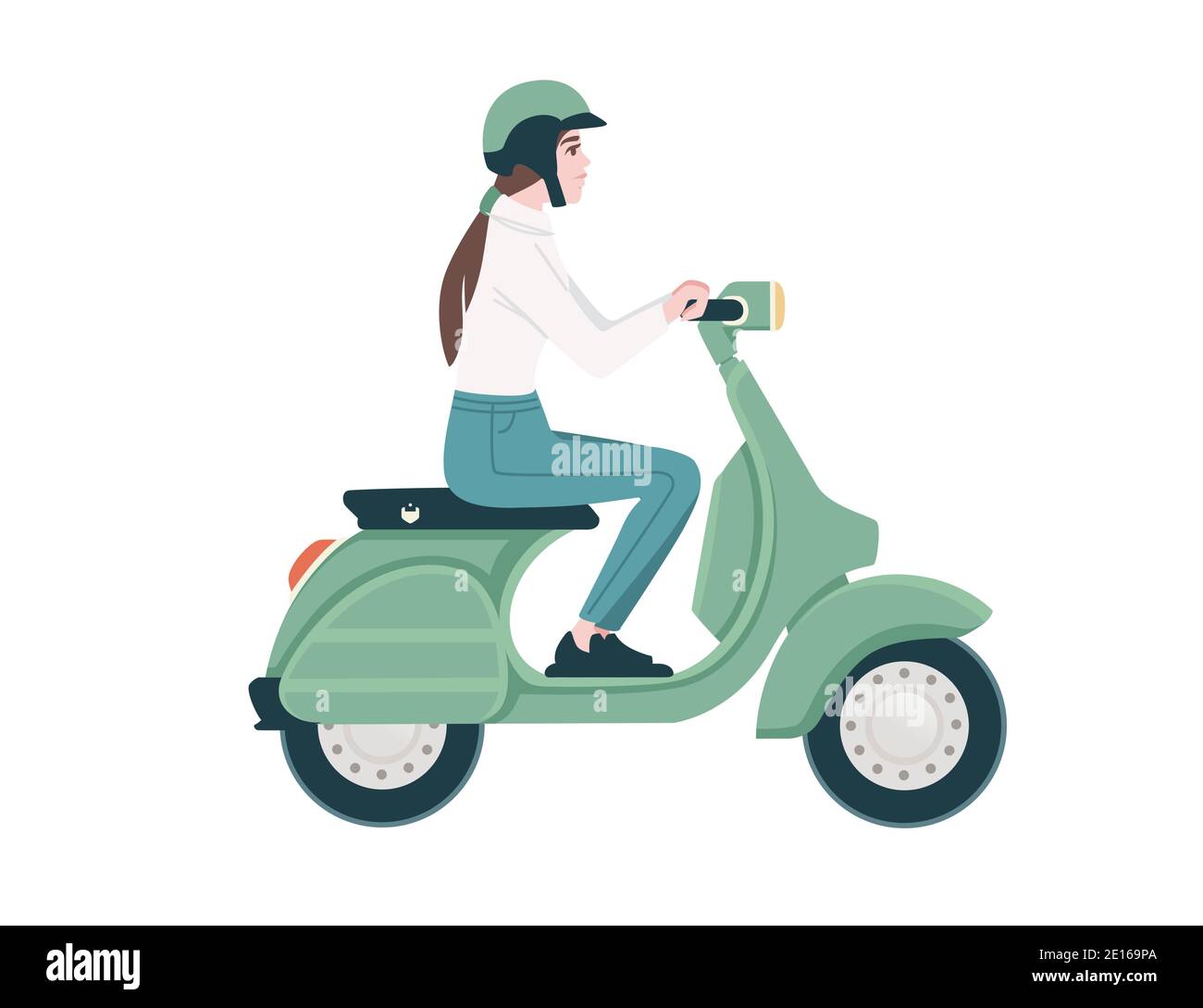 Side view of woman riding green retro scooter cartoon character design ...