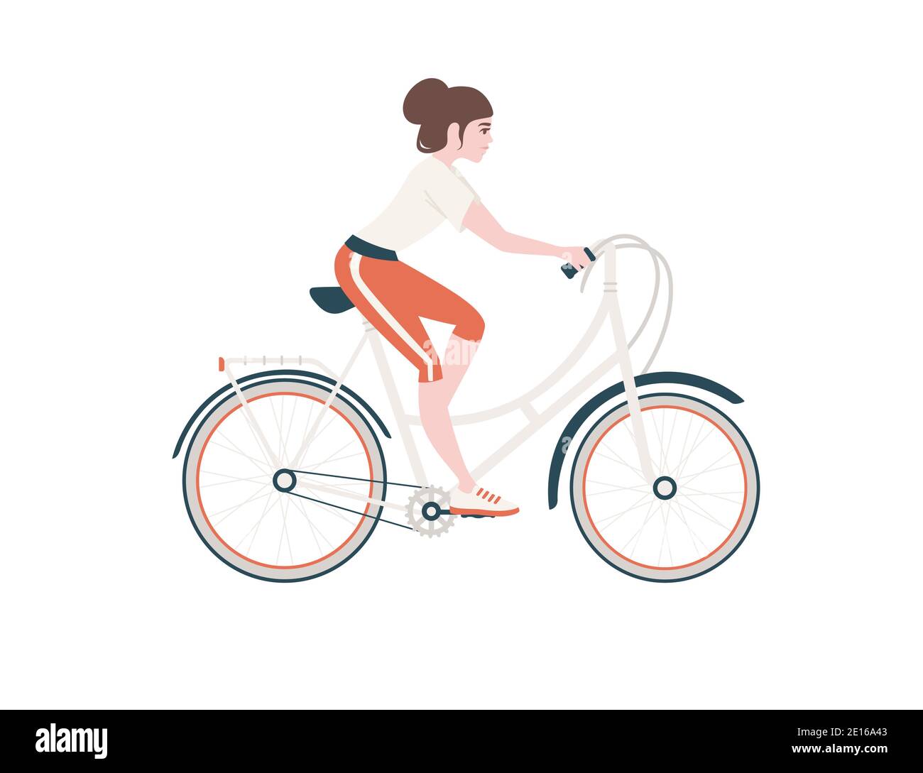 Side view of woman riding white bicycle cartoon character design flat ...
