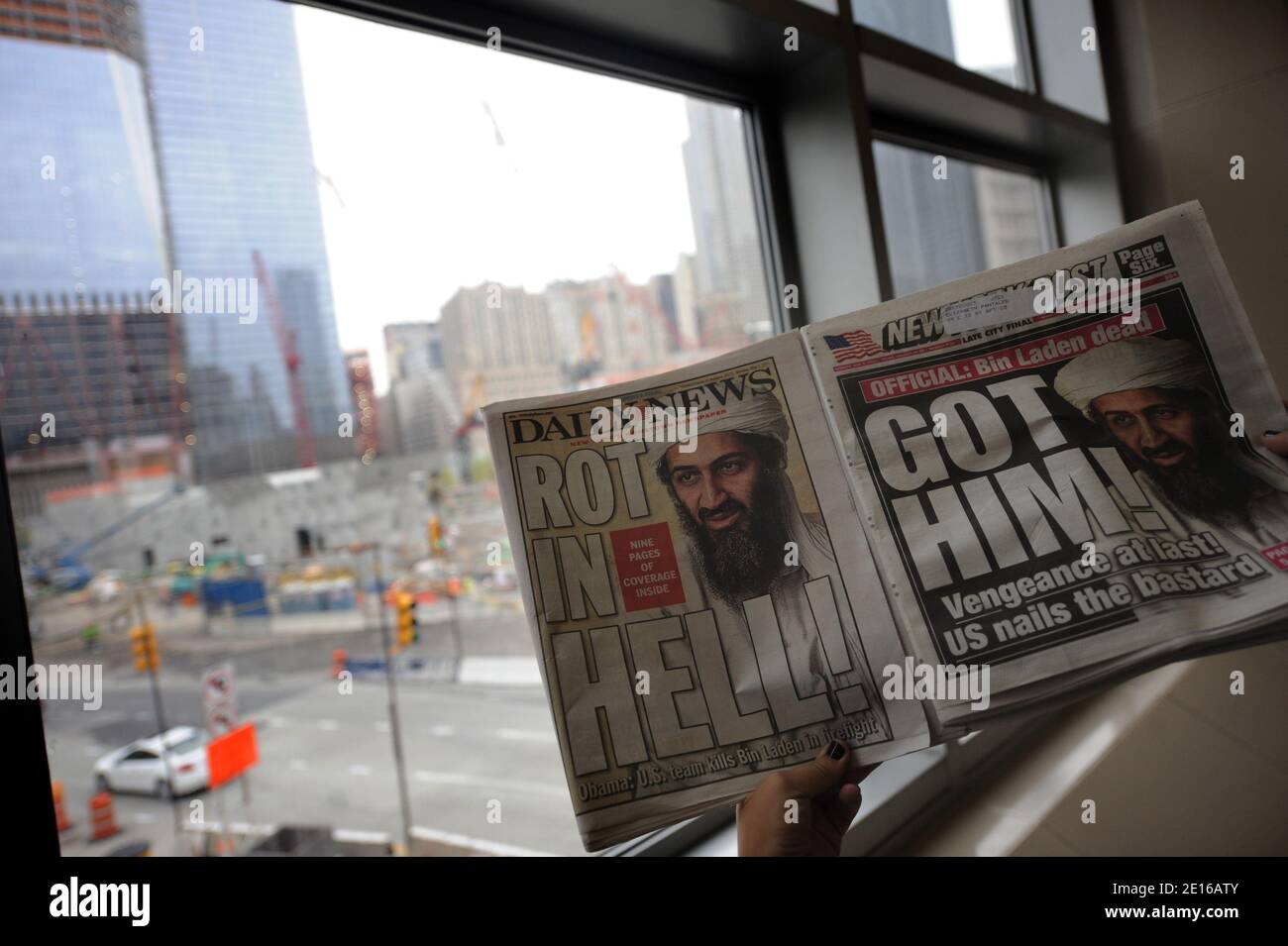 Illustration at the site of the former Twin Towers hours after Osama ...