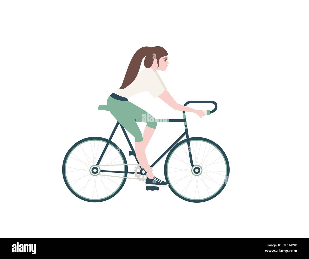 Side view of woman riding green bicycle cartoon character design flat ...