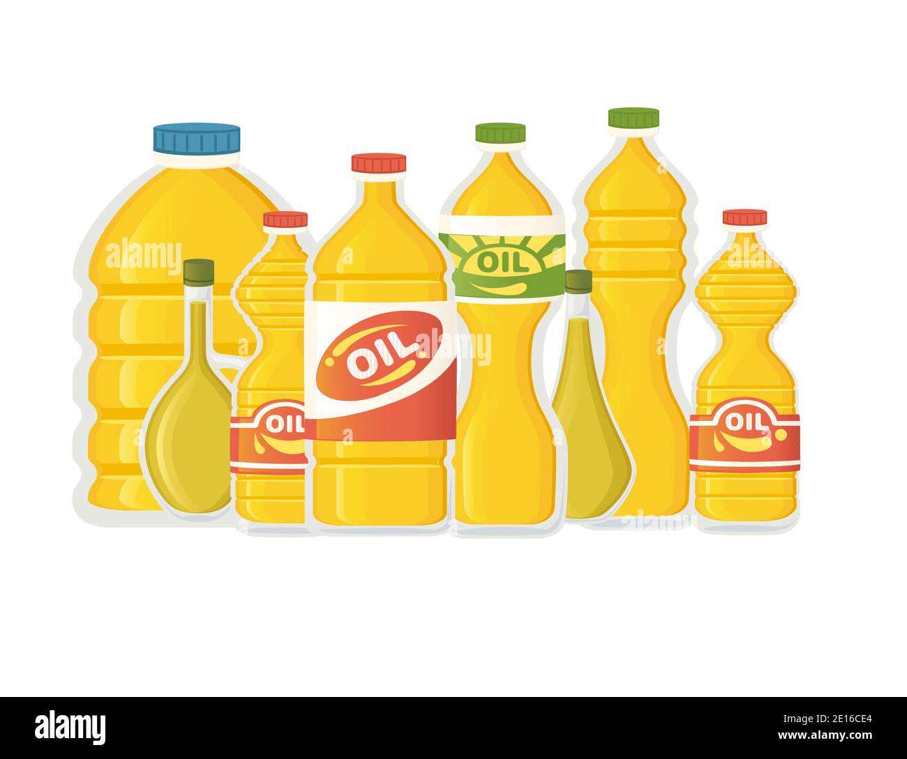 Set of different organic oil in different bottles shapes and sizes ...