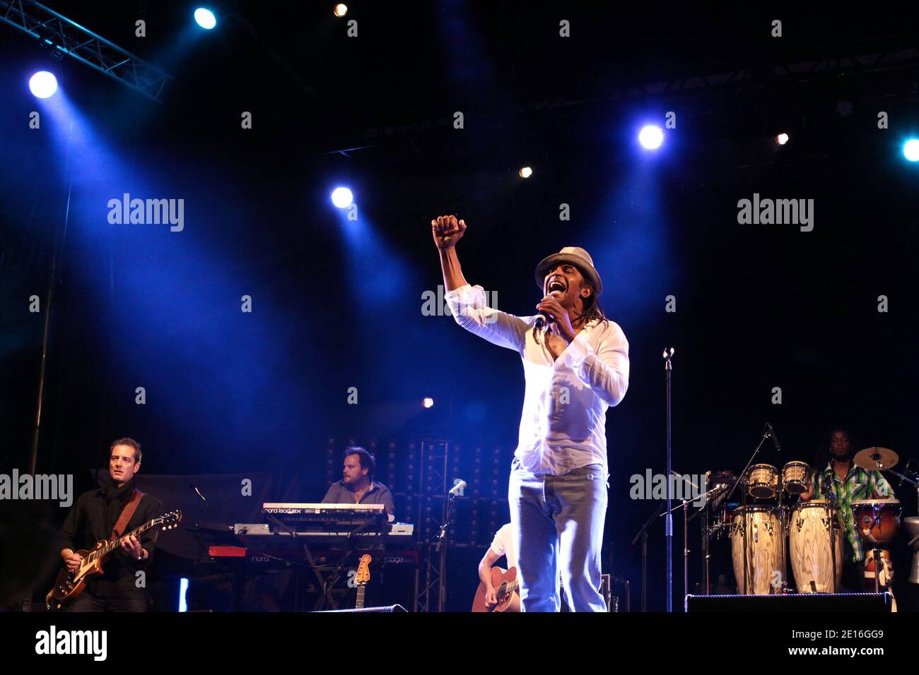 French singer Yannick Noah performs on stage during a concert on the ...