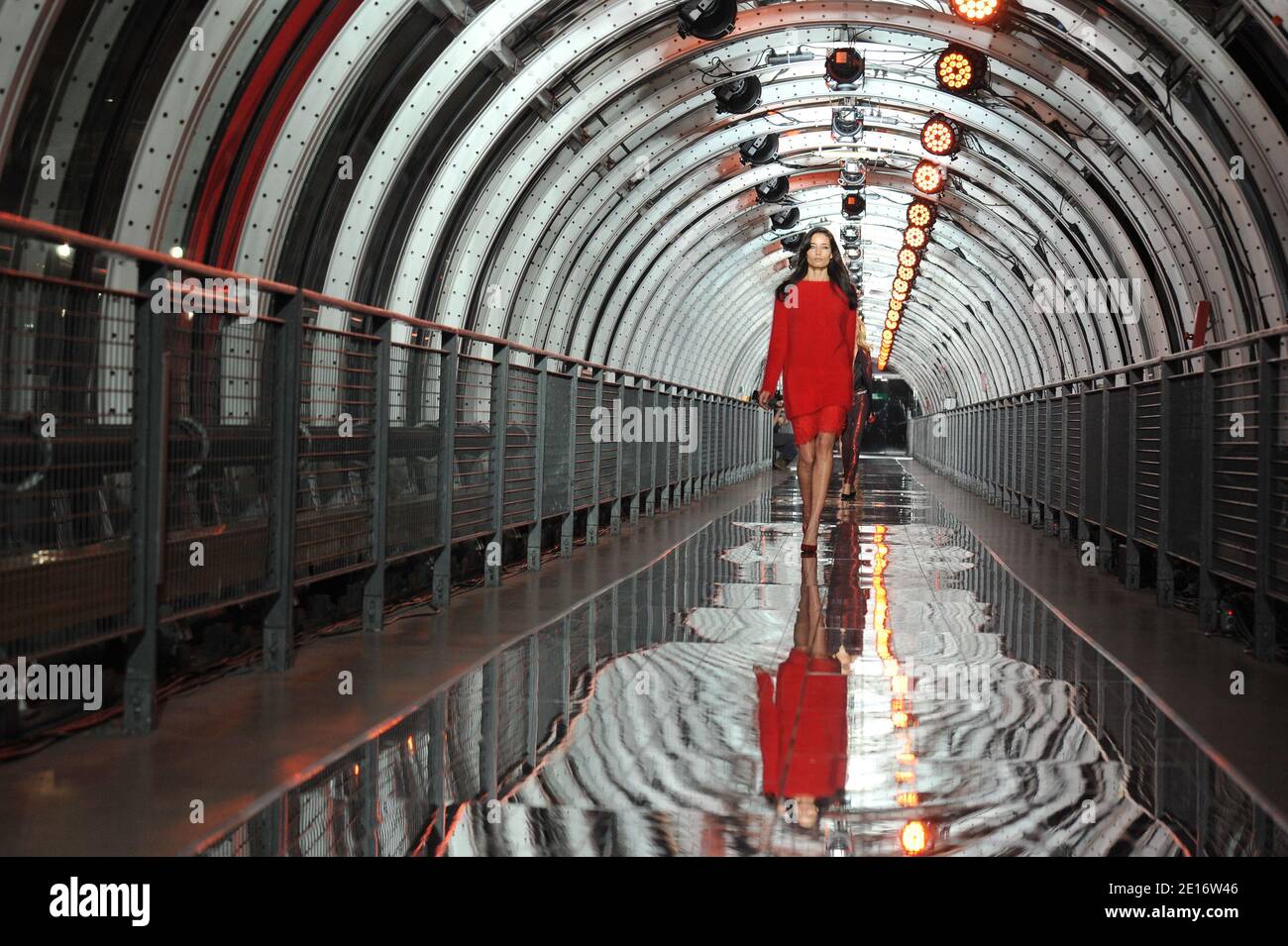 Model walks during the Mango fashion show at Centre Pompidou modern art ...