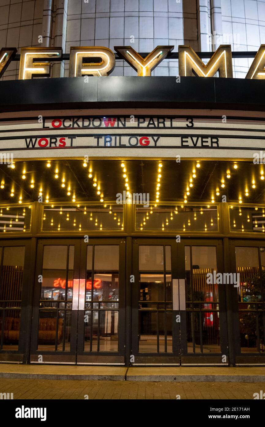 "Lockdown Part 3, Worst Trilogy Ever" sign on a cinema in London UK ...