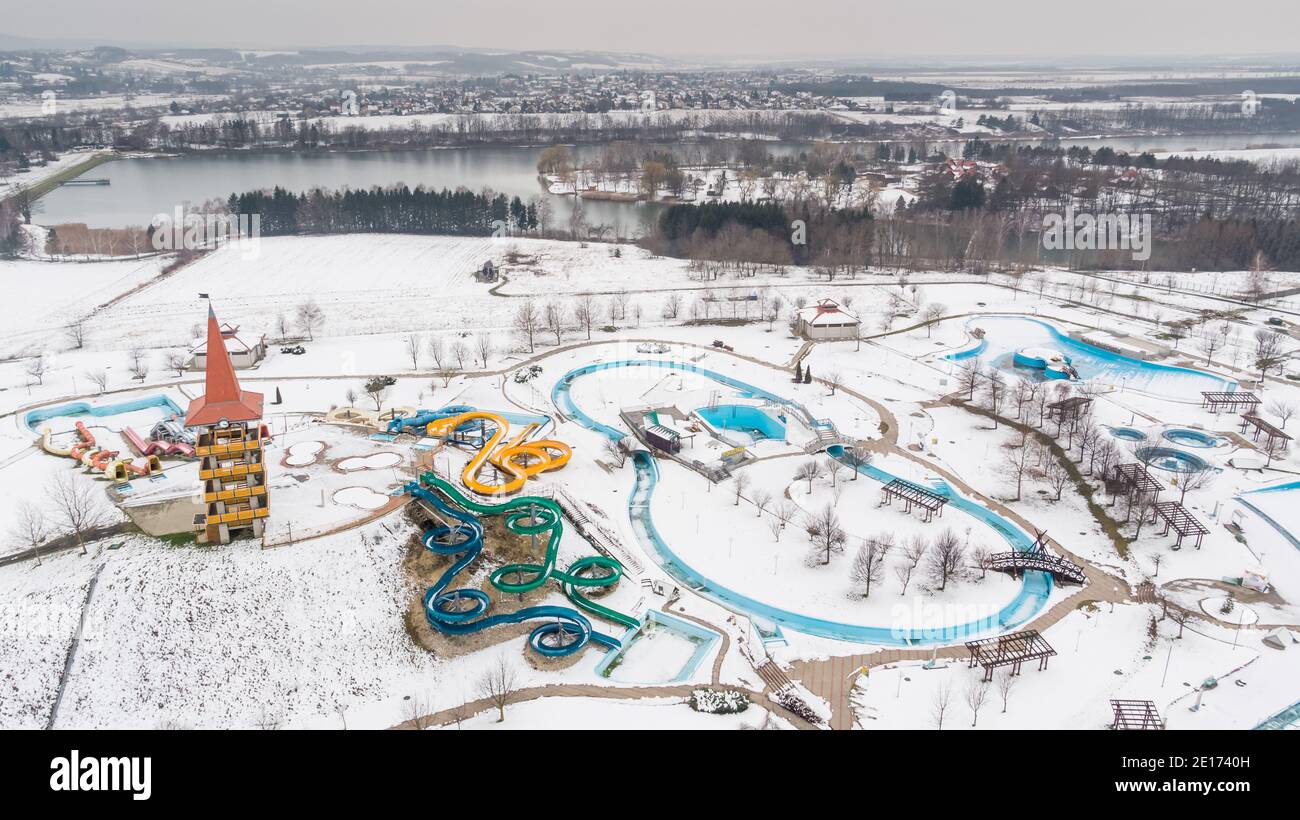 Closed empty water park at winter Stock Photo - Alamy