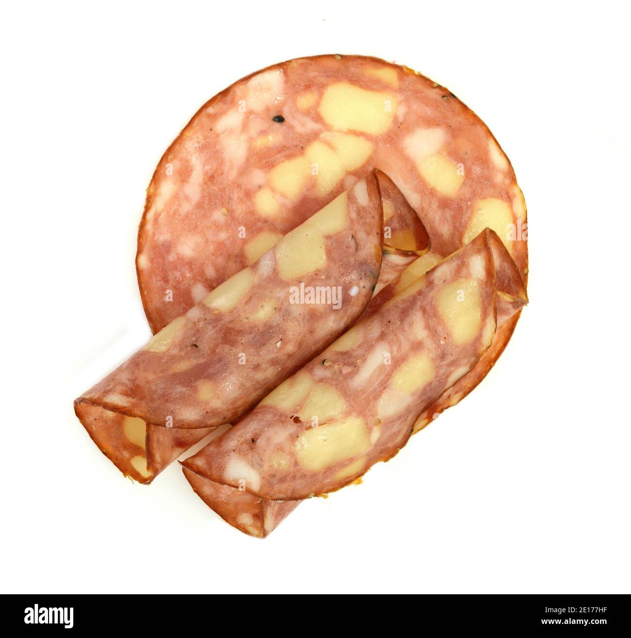 Sausage with cheese inside. Salami sliced. Semi-smoked meat product ...
