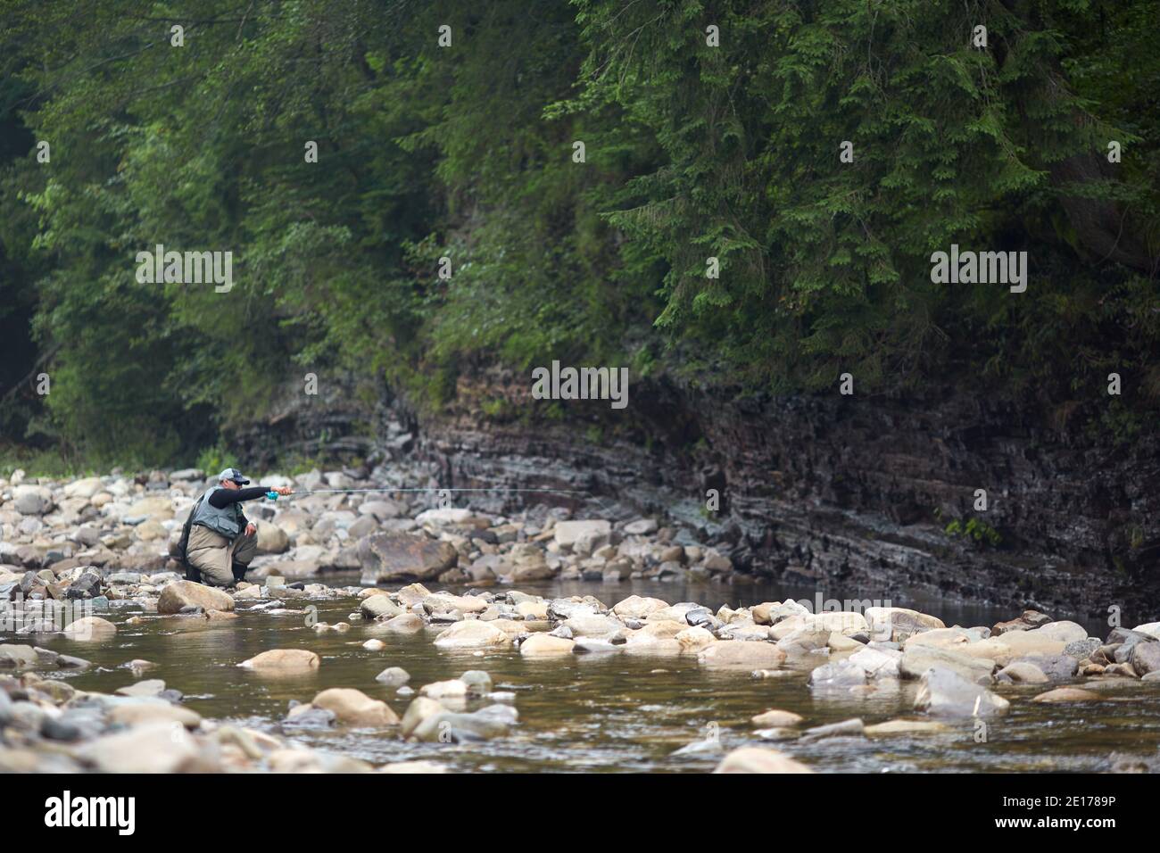 Competent fisherman sitting on big stone in mountain river and fly ...