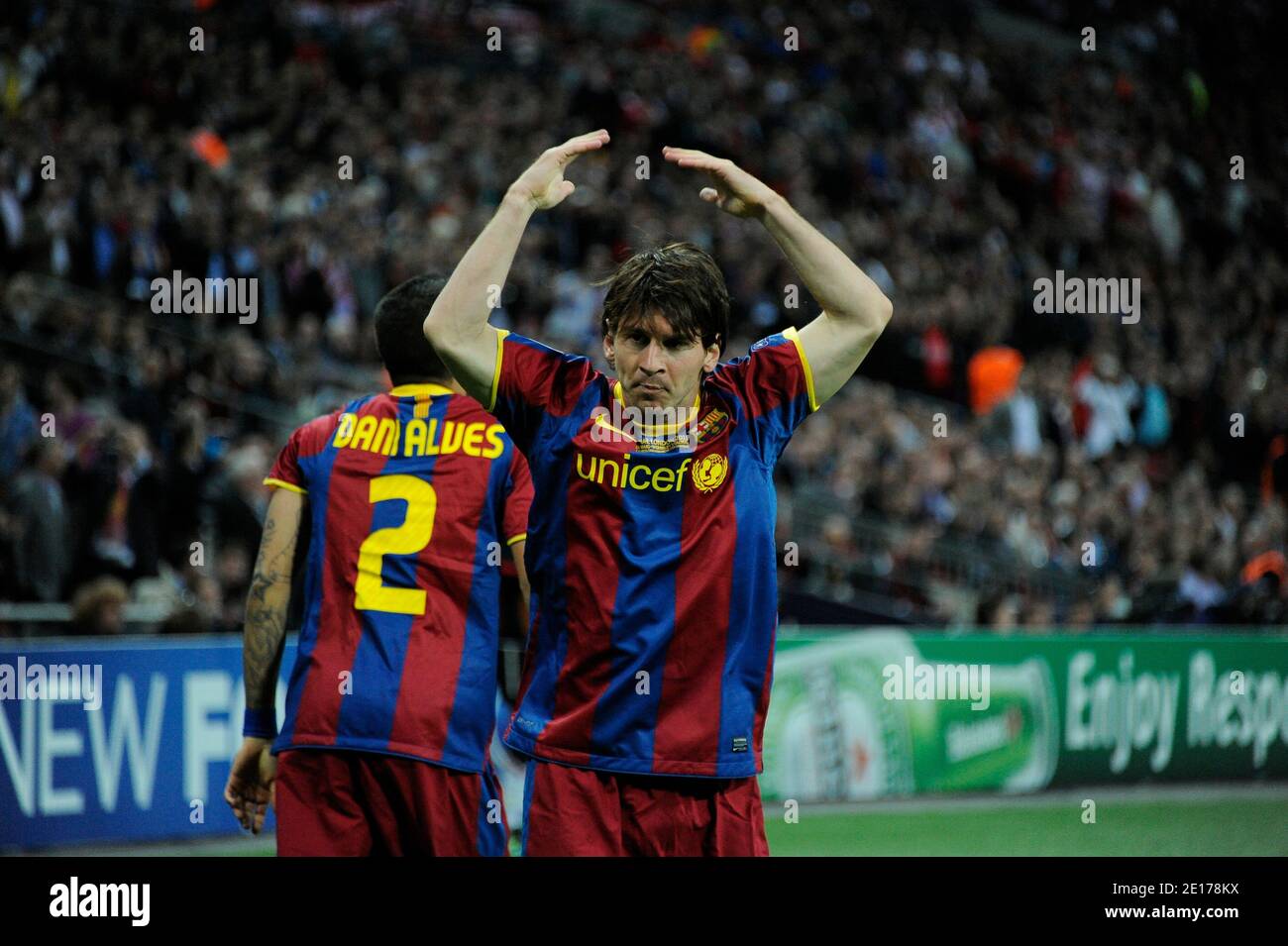 Barcelona's Lionel Messi joy after scoring the 2-1 goal during the ...