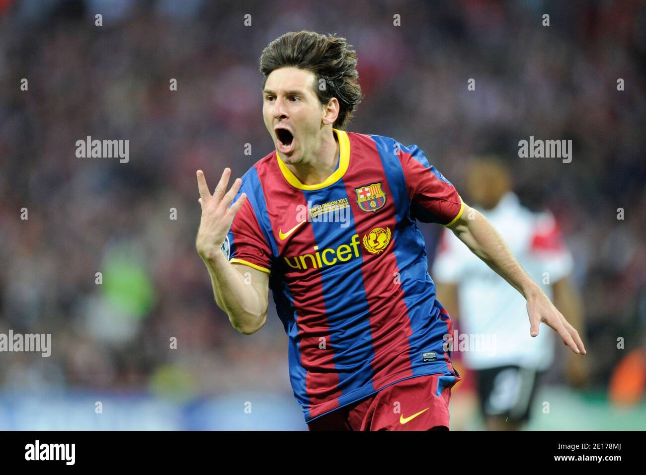 Barcelona's Lionel Messi joy after scoring the 2-1 goal during the ...