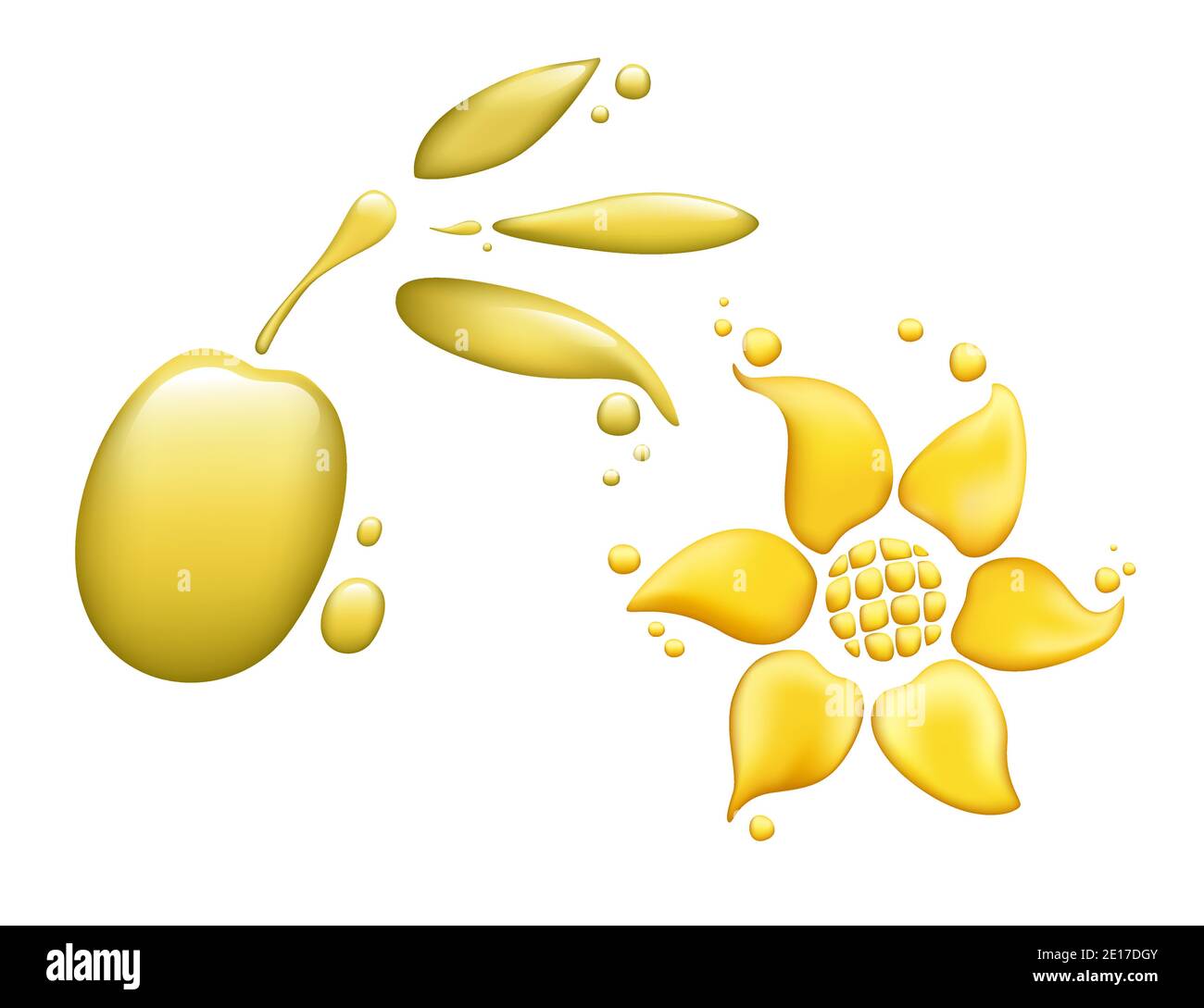Sun-shaped sunflower oil flowing around with olive shaped olive oil ...