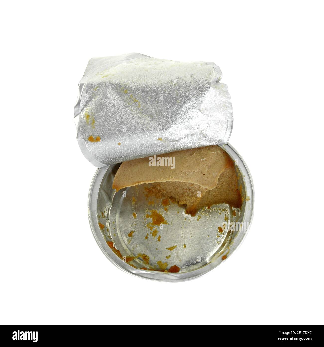 Pate in open can partially eaten isolated on white background Stock ...