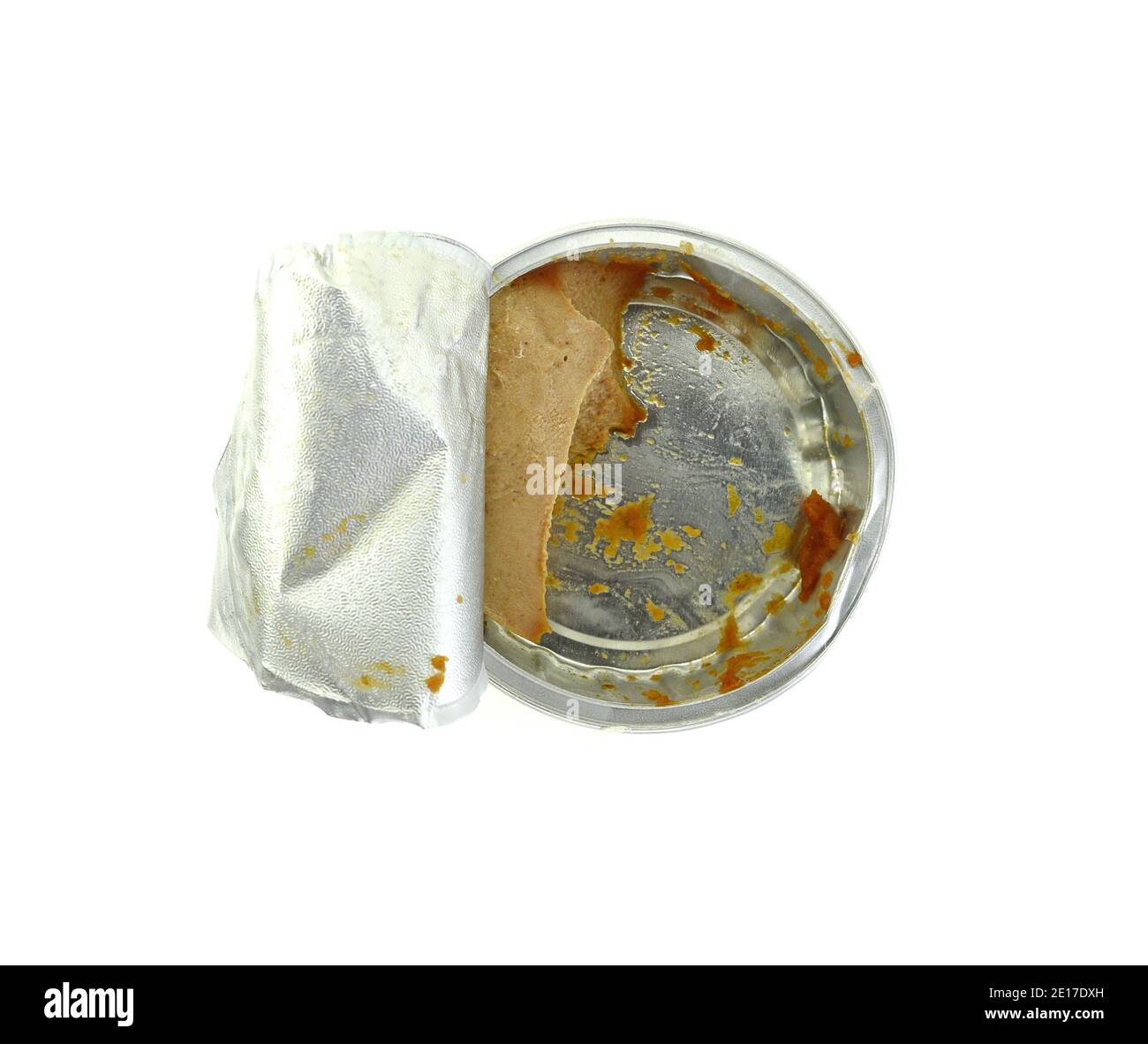 Pate in open can partially eaten isolated on white background Stock ...