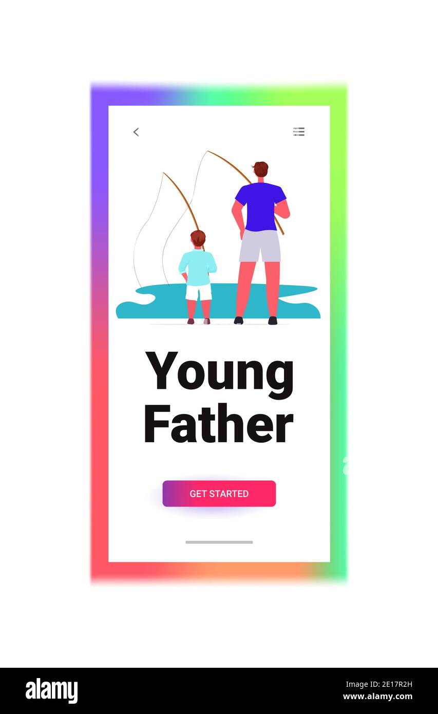 young father and son fishing with rods on lake parenting fatherhood ...