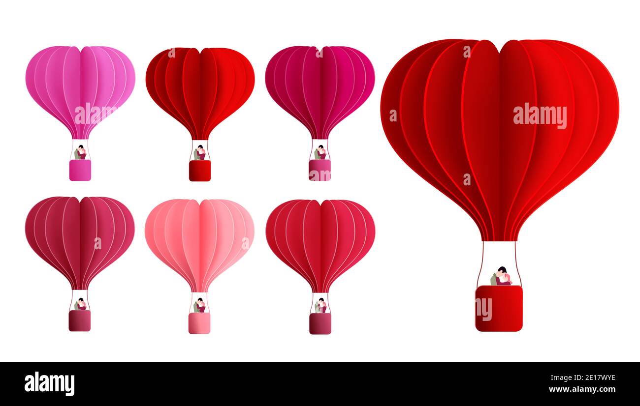 Hearts hot air balloon valentine vector set. Red hot air balloons in ...