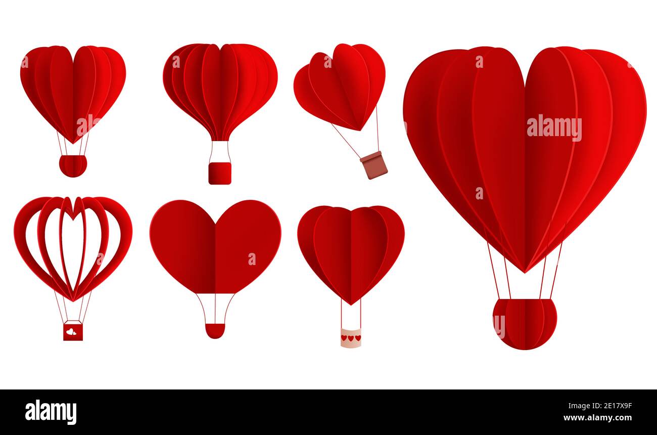 Hearts hot air balloon valentine vector set. Red hot air balloons in ...