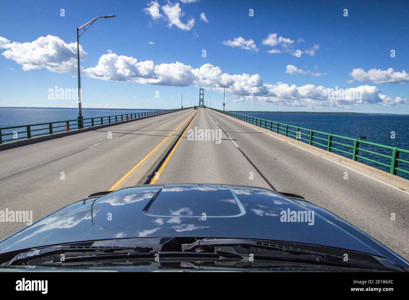 Driving across the Mackinac Bridge in Michigan. The Mackinaw Bridge ...
