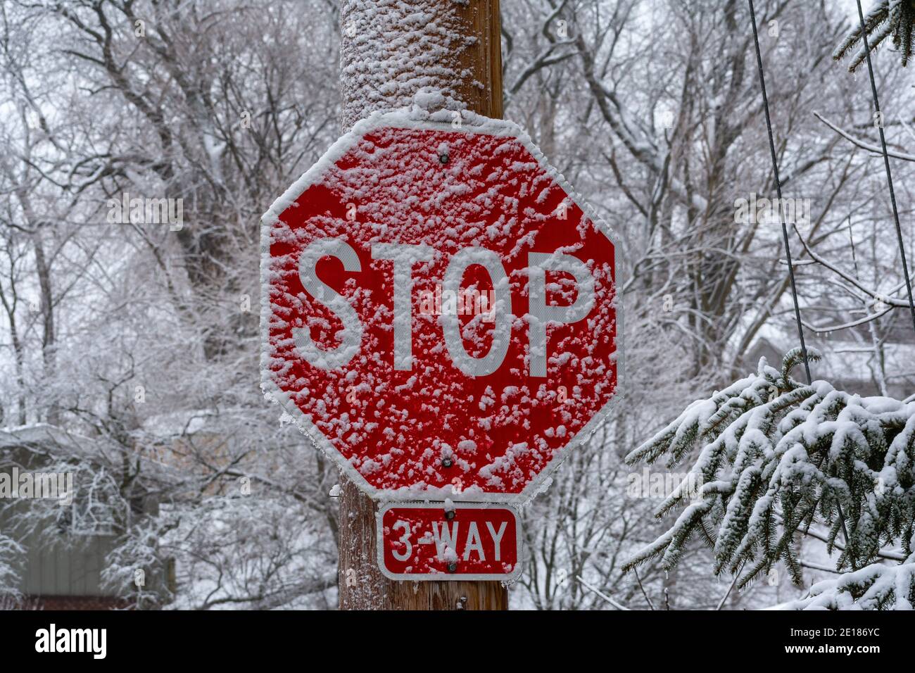 Snow and ice covered stop sign after a winter storm. Peru, Illinois ...