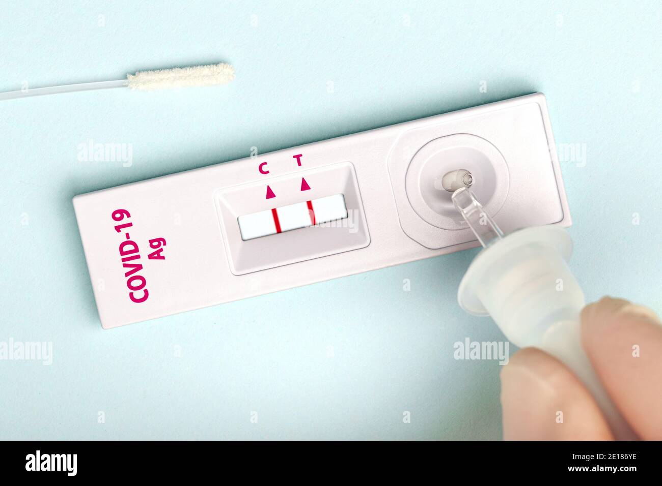Man makes a covid-19 pcr express test macro. The test showed a positive ...