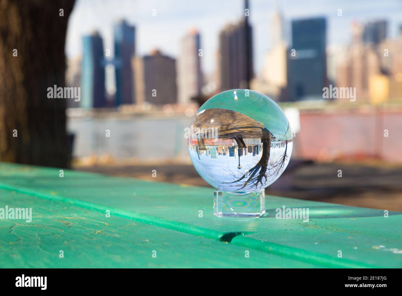 New York City seen through glass ball from Long Island City Stock Photo ...