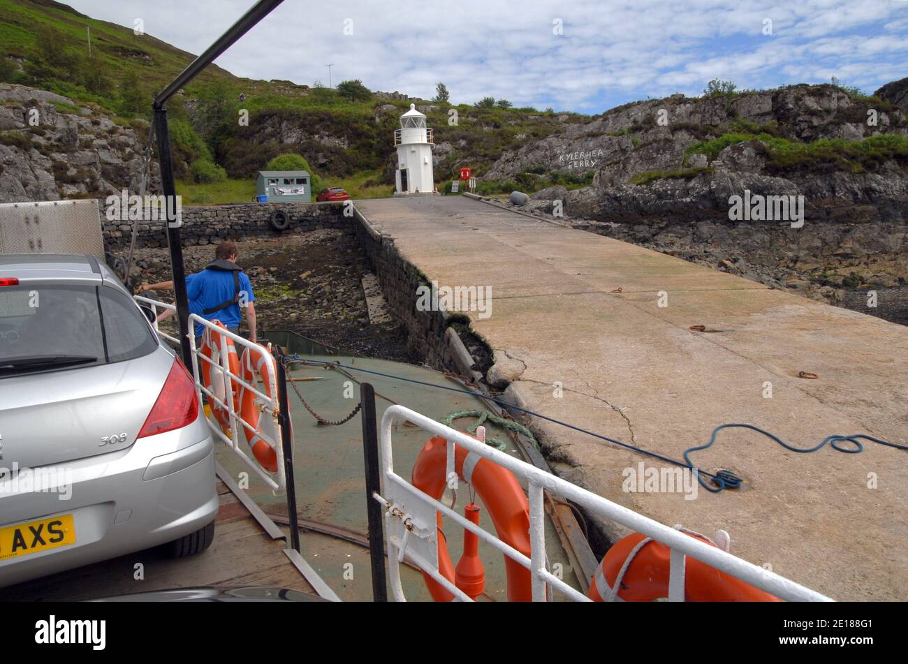 The quiet Kylerhea ferry in the highlands of Scotland, crossing the ...