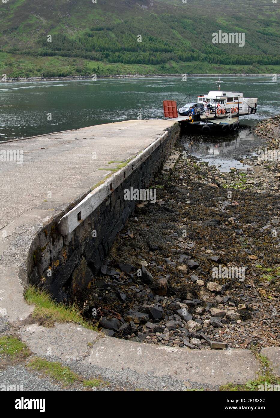 The quiet Kylerhea ferry in the highlands of Scotland, crossing the ...