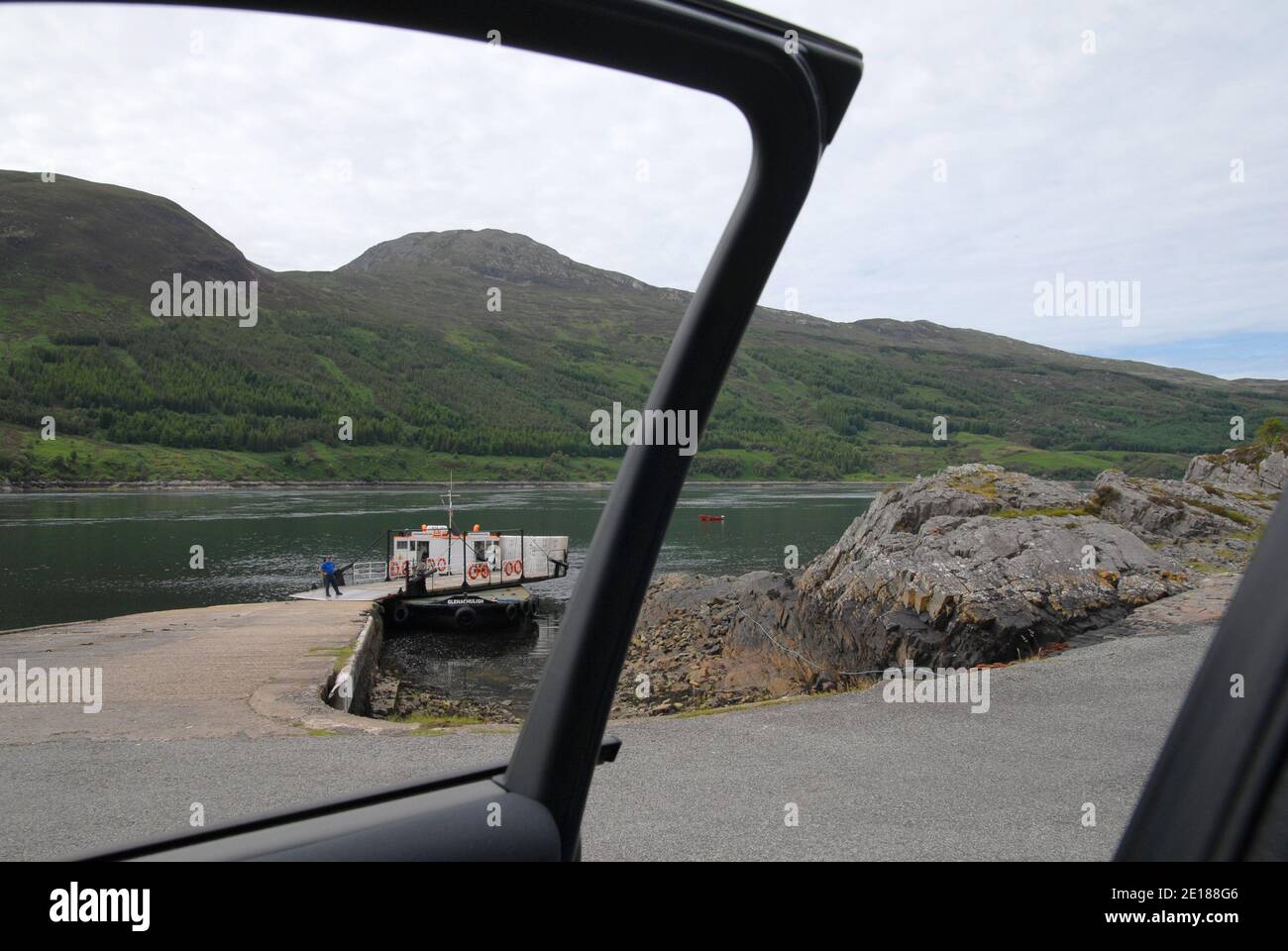 The quiet Kylerhea ferry in the highlands of Scotland, crossing the ...