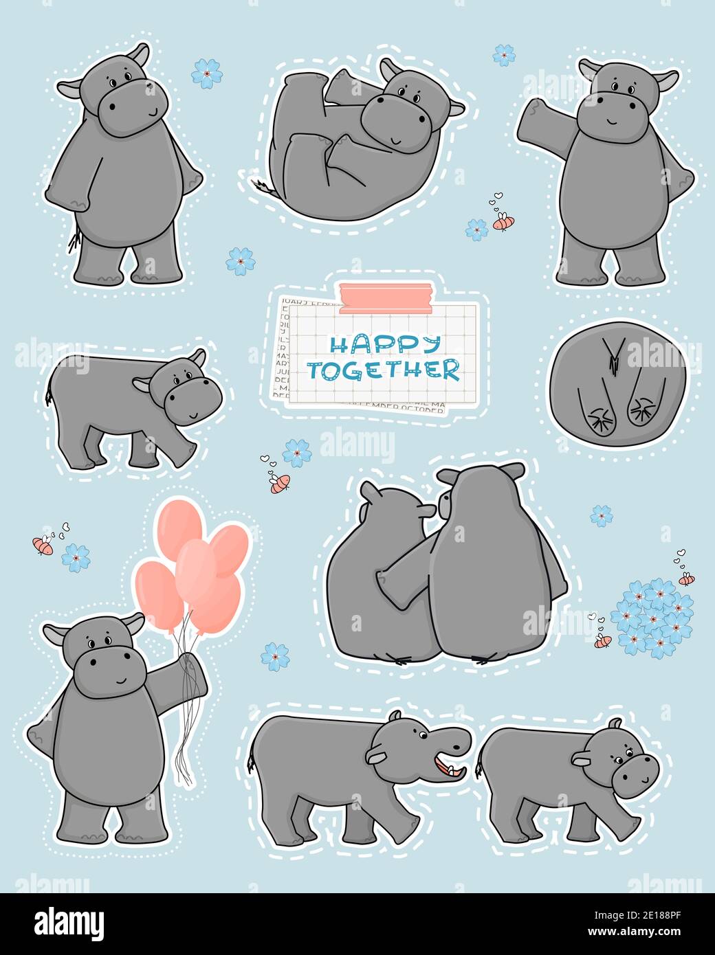 Collection of cute gray hippos in different poses, with balloons ...