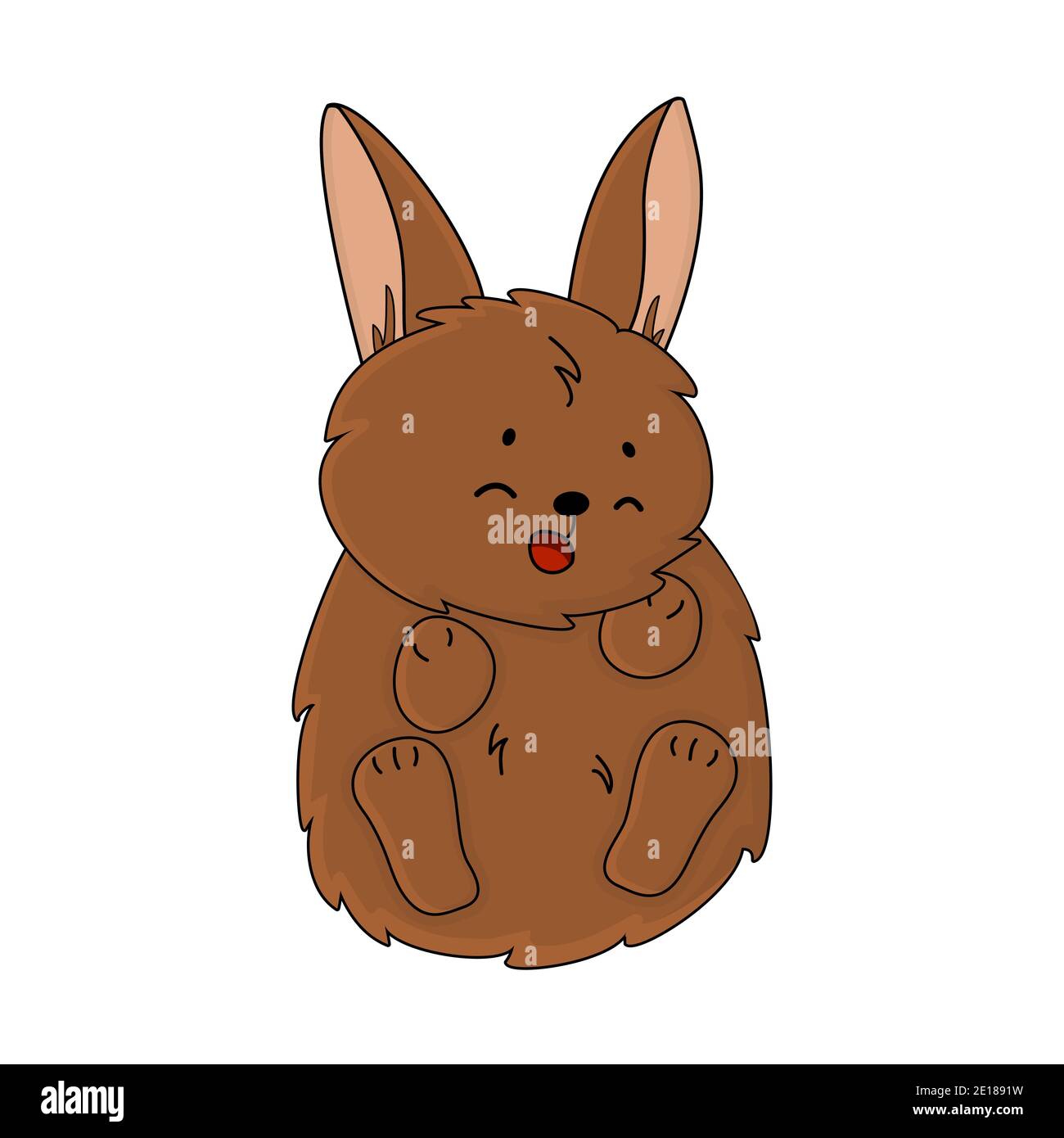 Cute brown bunny is on his back, happy rabbit is smiling, eyes are ...