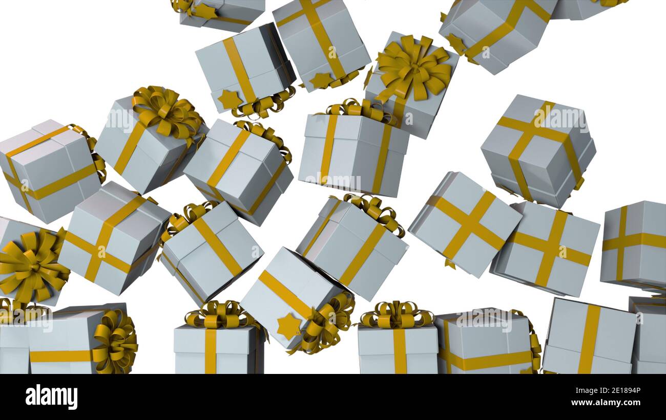 Many falling gift boxes with bows, computer generated. 3d rendering of ...