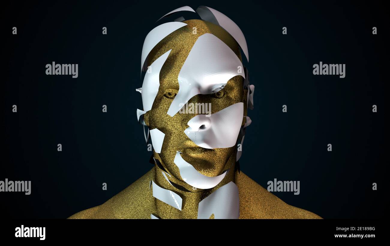 Futuristic human head with collapsing face. Computer generated modern ...