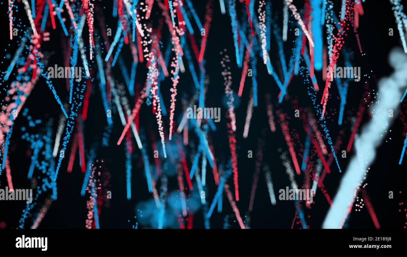 Computer generated colorful particles rain. 3d render chaotic ...