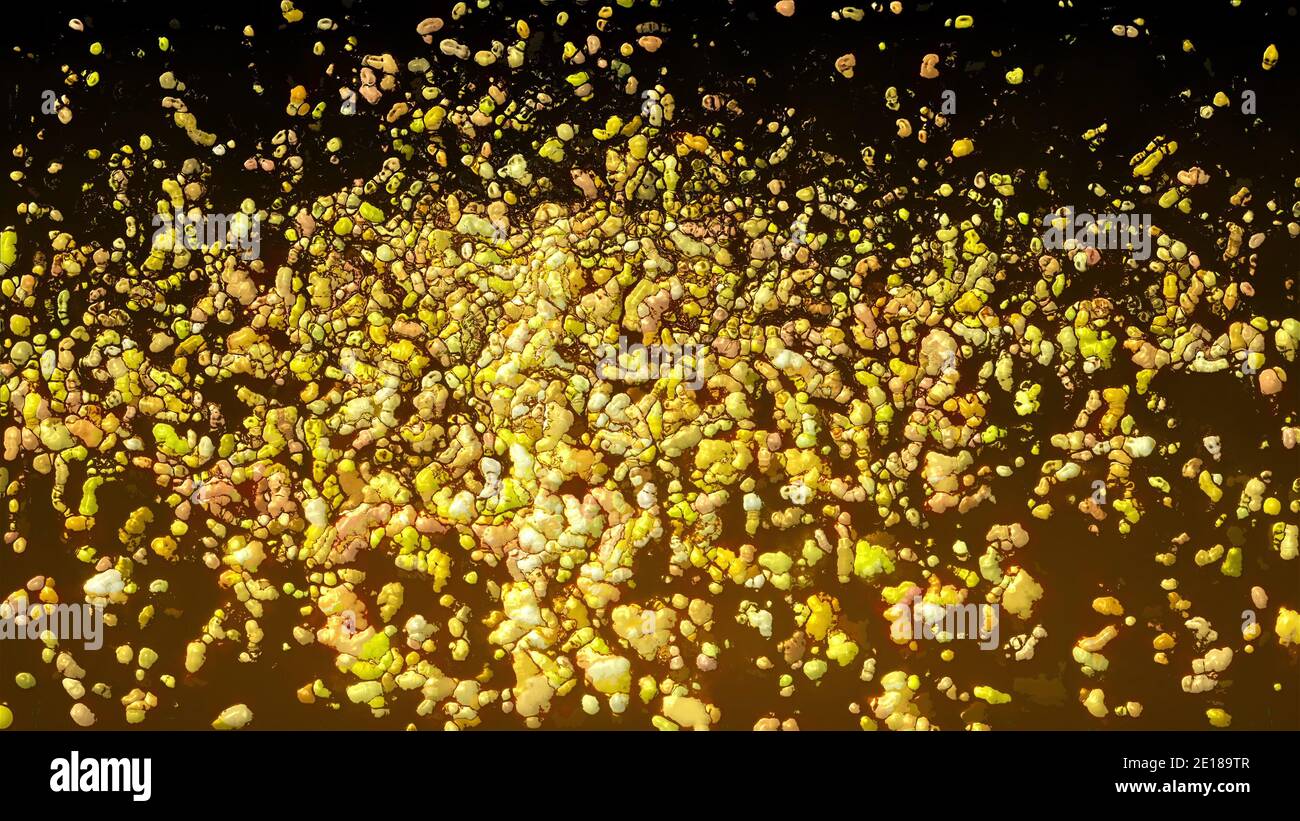 Amorphous mass of gold liquid particles, computer generated. 3d ...