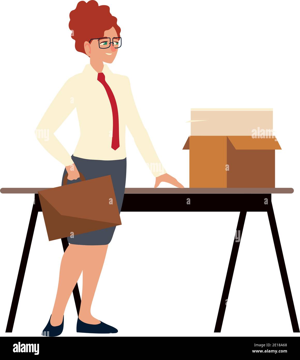 business woman with briefcase papers in box on desk working vector ...