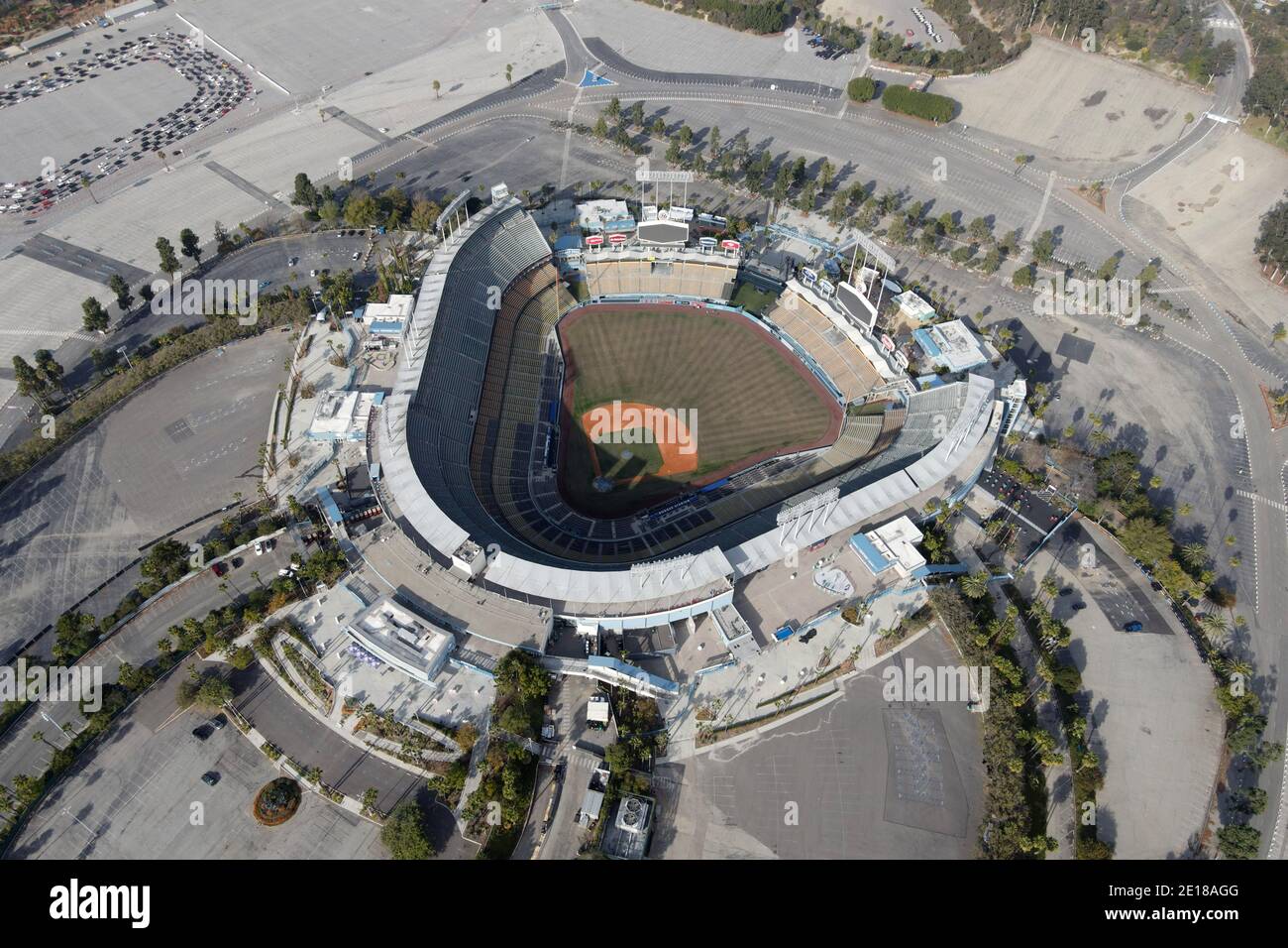 An aerial view of Dodger Stadium, Monday, Jan 4, 2021, in Los Angeles ...