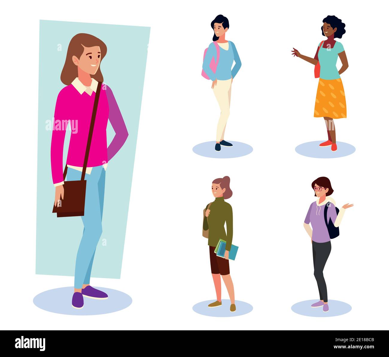 set of university students female classmates standing with bags vector ...