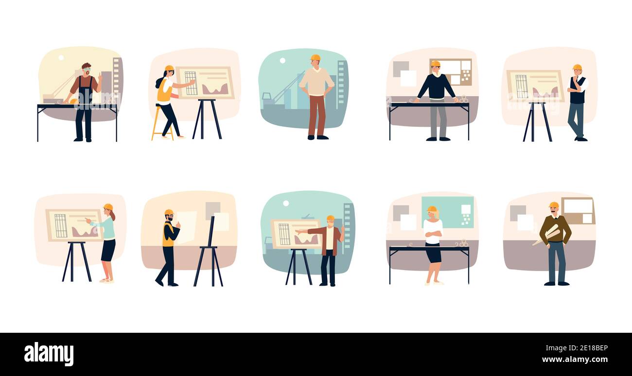 builders and architects set, architectural project planning ...