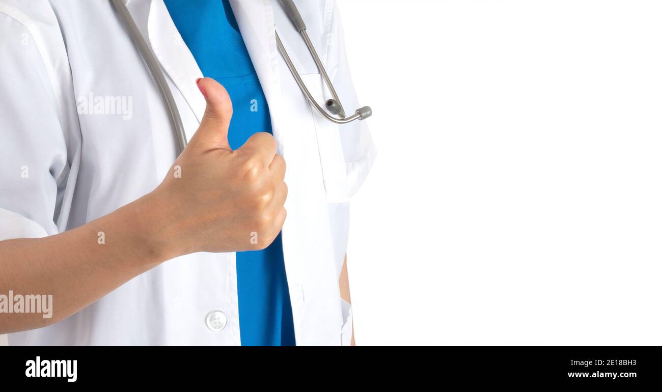 Half body photo of female doctor, no face, put her thumbs up on white ...