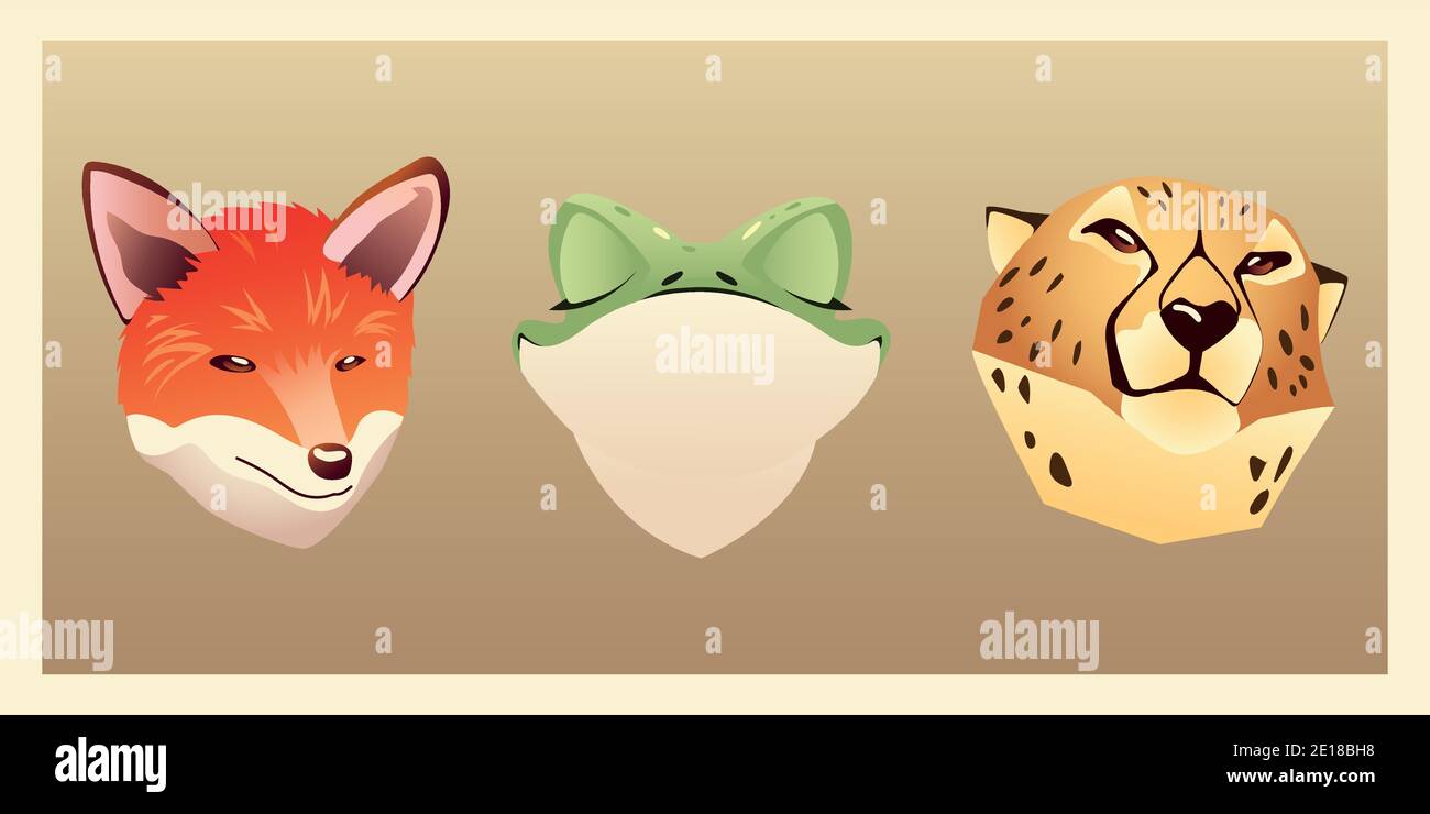 fox frog and leopard heads animals wlidlife design vector illustration ...