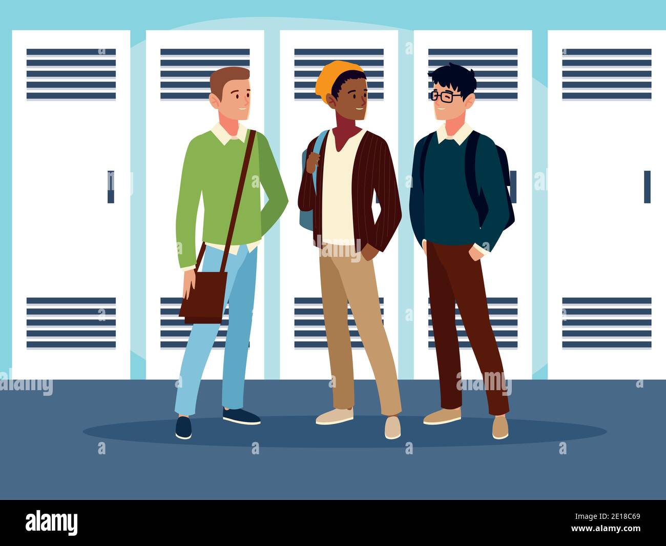 male students characters with backpacks in the hall vector illustration ...