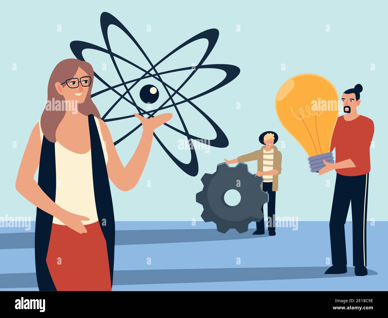 people holds atom molecule bulb and gear objects vector illustration ...