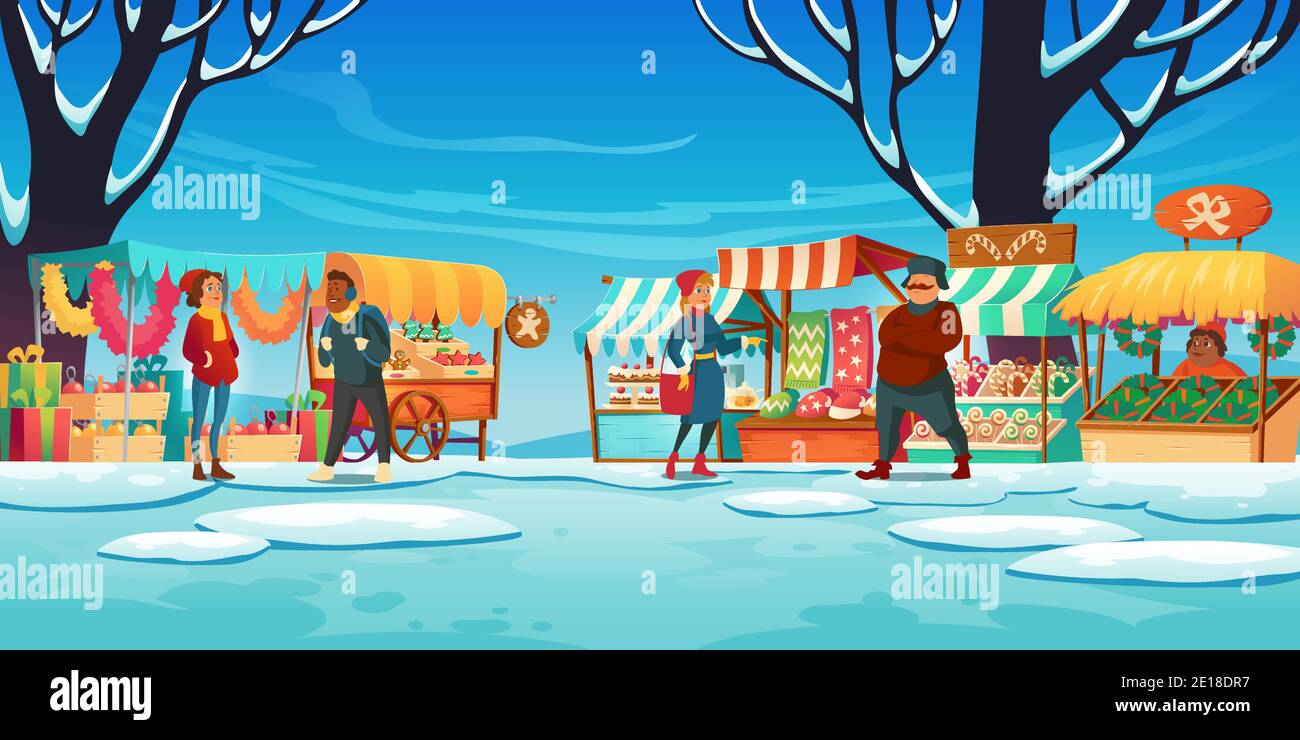 Christmas market with stalls, sellers and customers, winter street fair ...