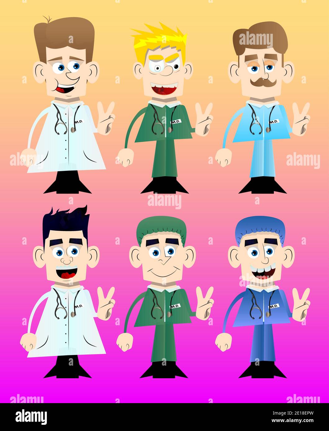 Funny cartoon doctor showing the V, peace sign. Vector illustration ...