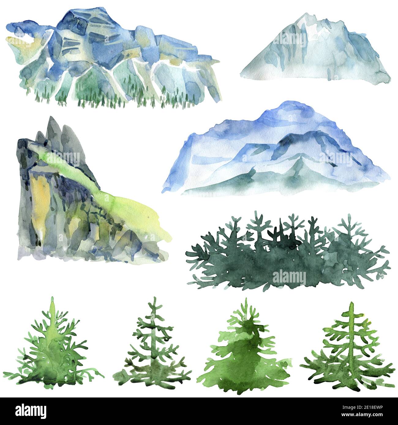 Watercolor painting. Hand drawn illustration. Mountain set and trees ...