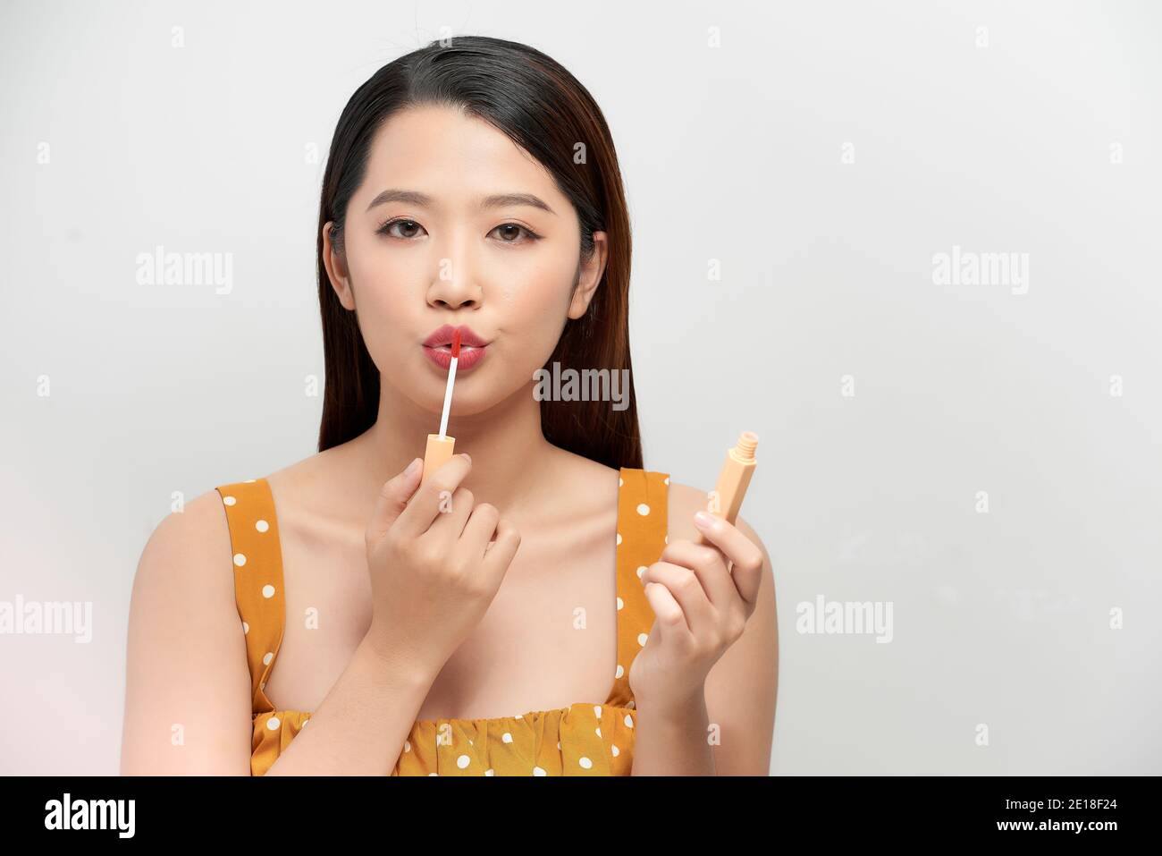 Portrait Cheerful Attractive Young Woman Have Fun Posing Red And Pink